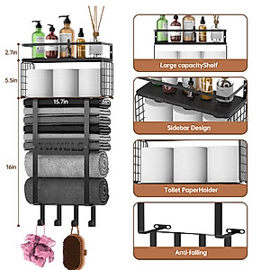 CENLEN Towel Racks for Bathroom Wall Mounted with 4 Hooks, Bathroom Towel Holder with Floating Shelves, Rolled Towel Shelf Organizer for Small Bathroom, Sturdy Metal & Wood, Black