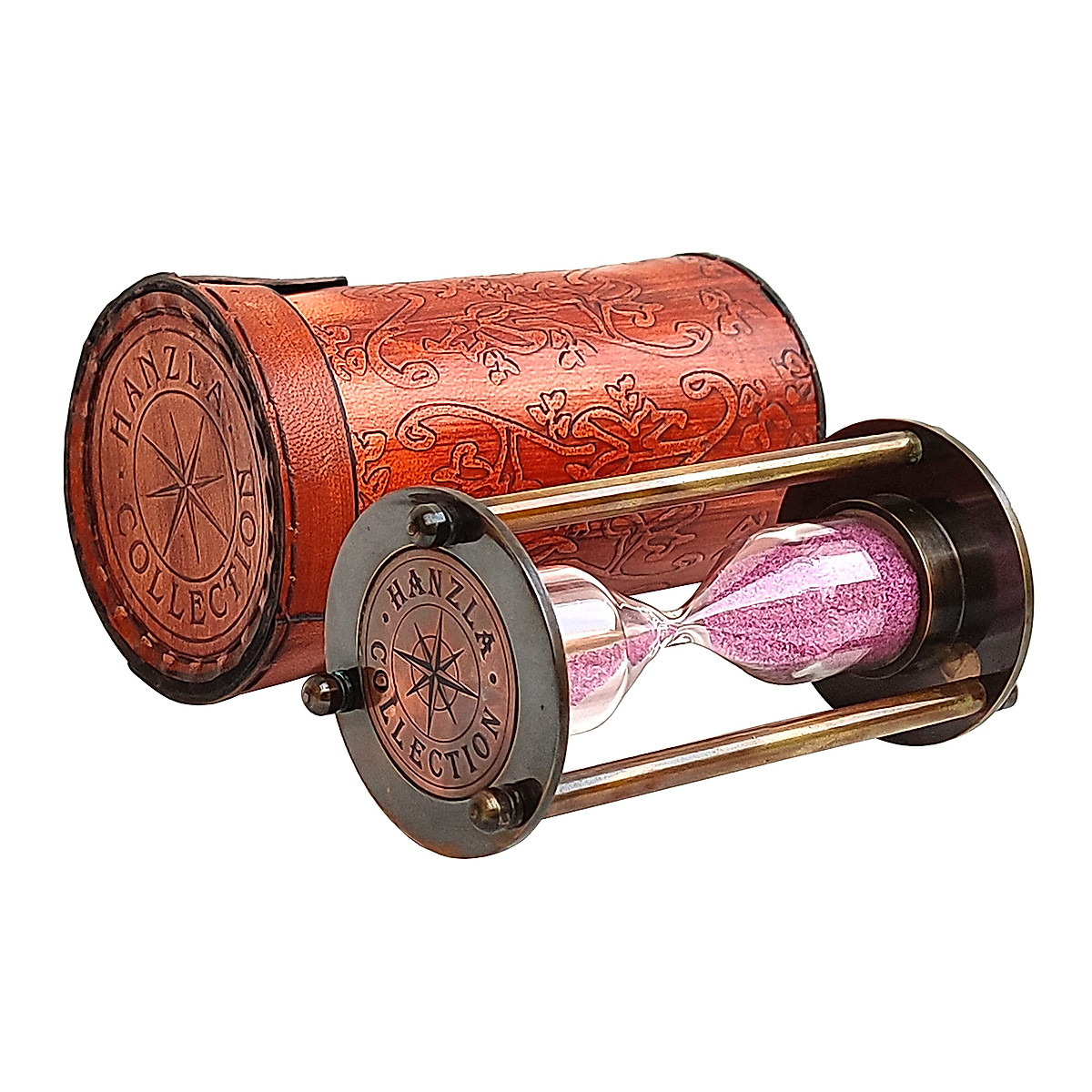 Hanzla Collection 1 Minute Decorative Nautical Vintage Brass Sand Timer with Engraved Leather Case Home Décor, Small Kitchen Sand Clock, Metal Hour Glass Sand Glass for Office Desk