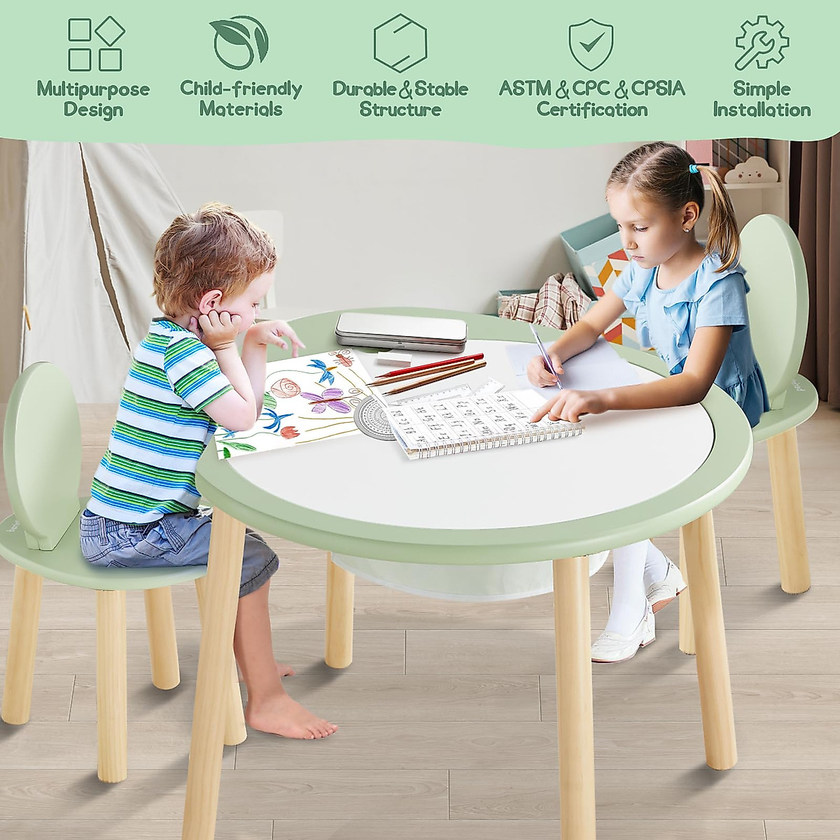 Beright Kids Table and Chairs Set, Kids Wooden Play Table with 2 Chairs, Kids Round Table for Toddlers, Suitable for Bedroom, Playroom and Kids' Room, with Removable Top Panel and Storage Bag, Green