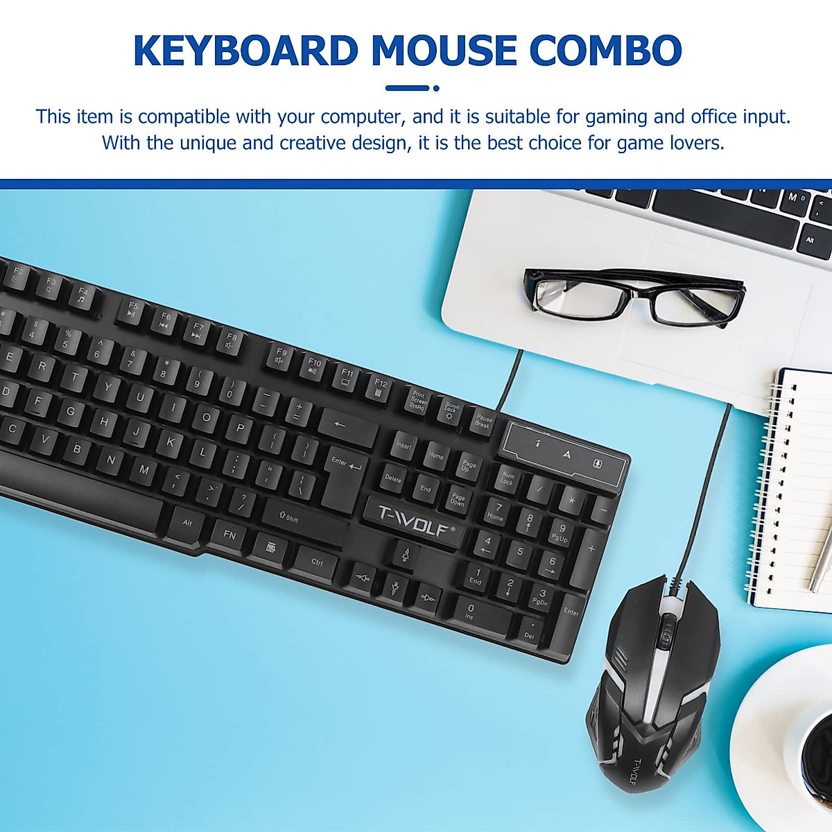 OSALADI 1 Set USB Wired Keyboard and Mouse Set Portable Plastic Office Led
