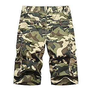 Men Camo Cotton Cargo Shorts Camouflage Outdoor Multi Pockets Short Relaxed Fit Lightweight Military Short Pants (Khaki,32)