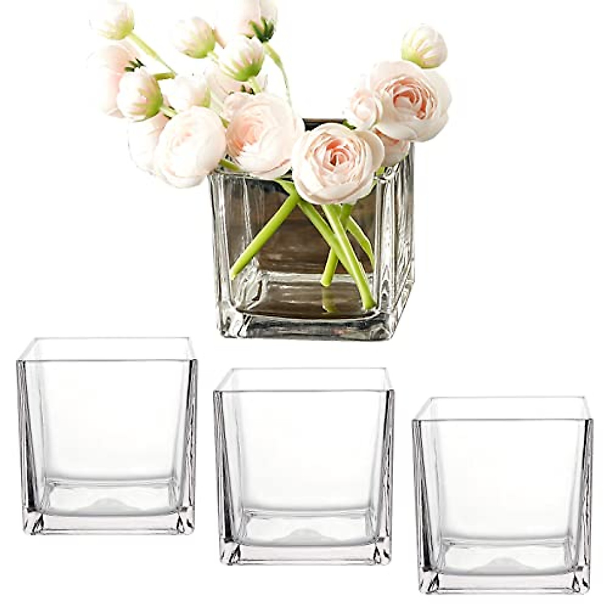 4PCS Square Glass Vase 4"x4" Clear Cube Flower Vase for Wedding Centerpiece Candle Holder Home