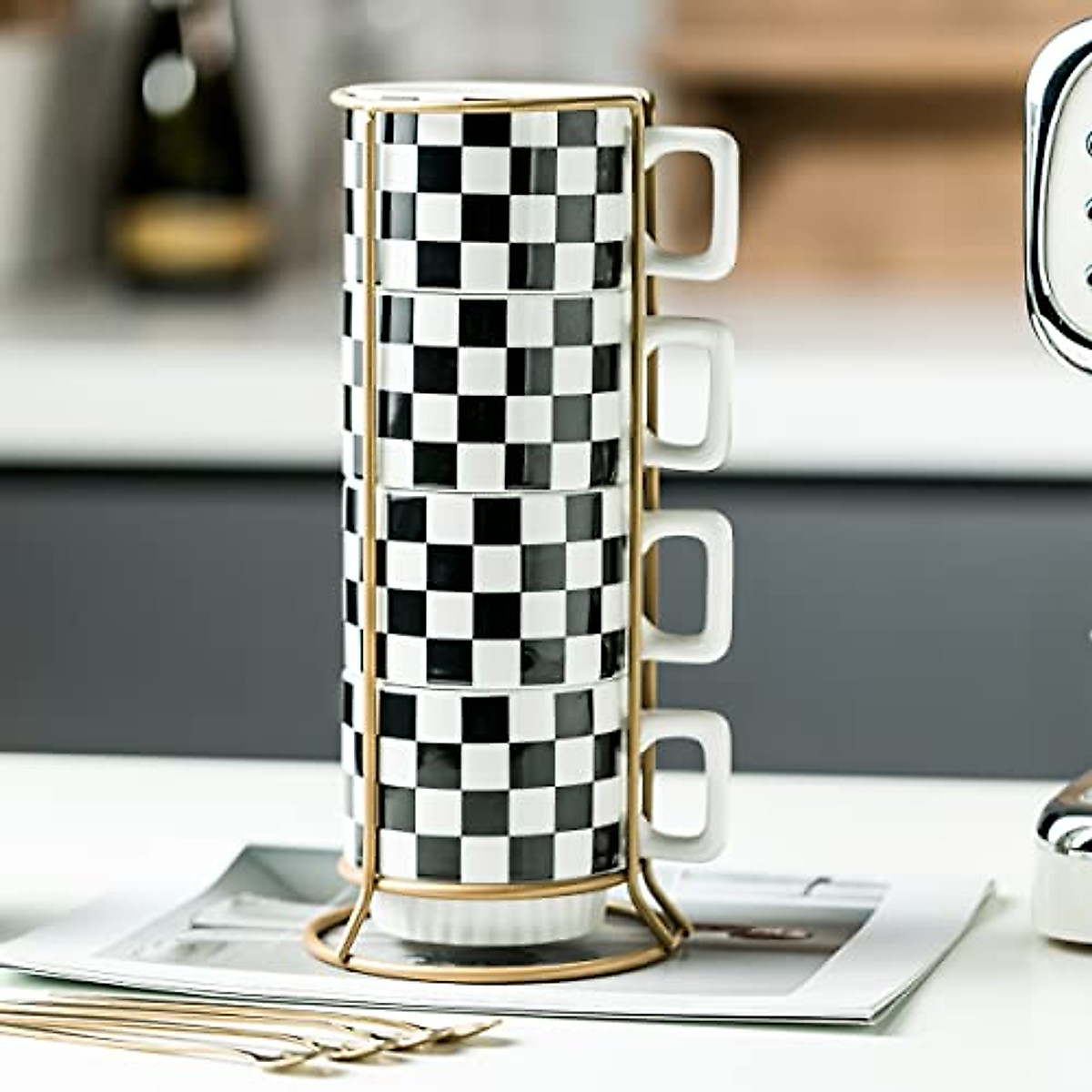 Miamolo Stackable Coffee Mug Set of 4 with Rack 11 oz Tea Cup Set with Tea Spoon Perfect for Coffee, Tea, Cocoa, Milk Chessboard Black and White Pattern Coffee Mug as Christmas Gifts