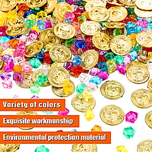 Pirate Treasure 100 Pieces Gold Coins and 100 Pieces Gem Jewelry Treasure Fake Gold Coins Toys for Pirate Party Decorations Halloween Adventure Themed Event Party Supplies