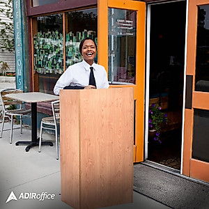 AdirOffice Podium with Wheels, Hostess Stand for Restaurant, Rolling Podium Stand, Medium Oak