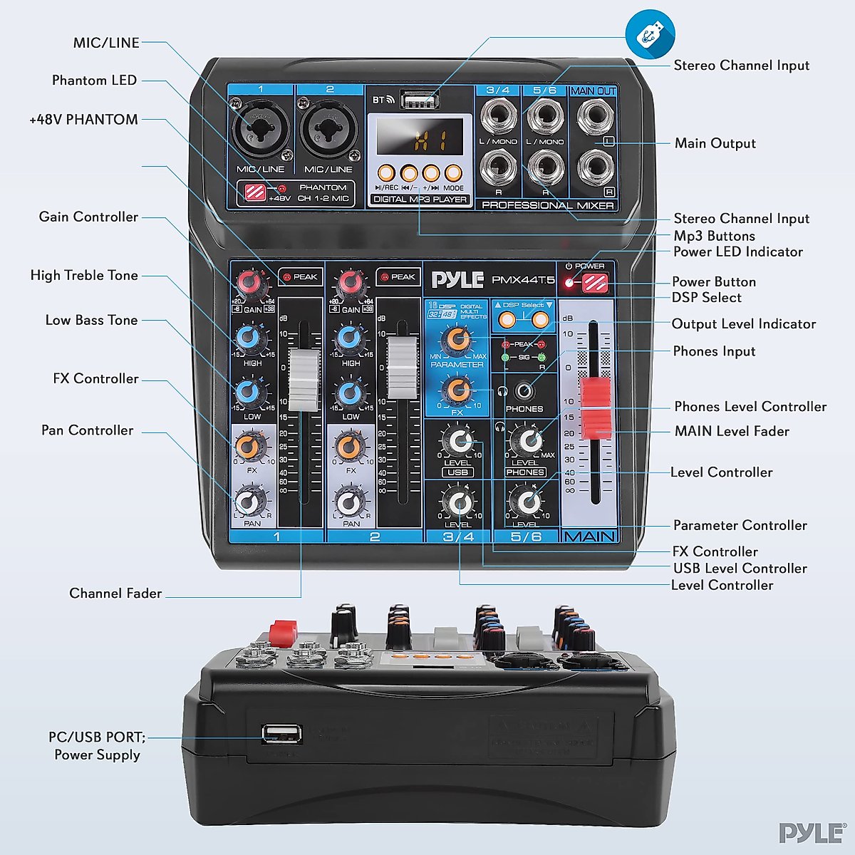 Pyle Professional Wireless DJ Audio Mixer - 6-Channel Bluetooth Compatible DJ Controller Sound Mixer w/ DSP Effects, USB Audio Interface, Dual RCA In, XLR/1/4" Microphone In, Headphone Jack- PMX44T.5