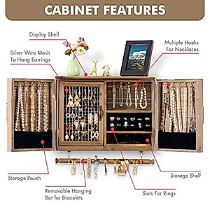 Sunix Wooden Jewelry Organizer Wall Mounted Rustic Jewelry Holder with Wooden Barn Door for Necklaces Earrings Bracelets Ring, and Removable Bracelet Rod with Hooks Organizer for Hanging Jewelry