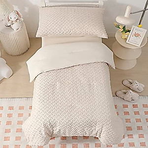 4-Piece Boho Tufted Toddler Bedding Set for Girls Boys Beige Jacquard Tufts Embroidery Bohemian Comforter Set for Kids Bed-in-a-Bag Bed Sheet Set with Comforter, Flat Sheet, Fitted Sheet, Pillowcase