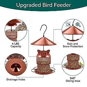 CEED4U Bird Feeder for Outdoors 4LB Seeds Retractable Large Wild Bird Feeders with Hook and Cover Metal Hanging Bird Feeders Garden Yard for Outside Cute Cat Shaped Brown