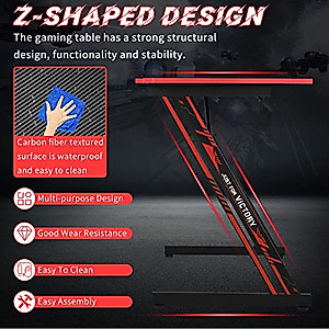BLKMTY 47" Gaming Desk Z Shaped Gaming Desk Large Home Office Desks PC Computer Desk Workstation Study Desk Table Ergonomic Gamer Desk Wood Writing Desk with Headphone Hook for Game Player, Red
