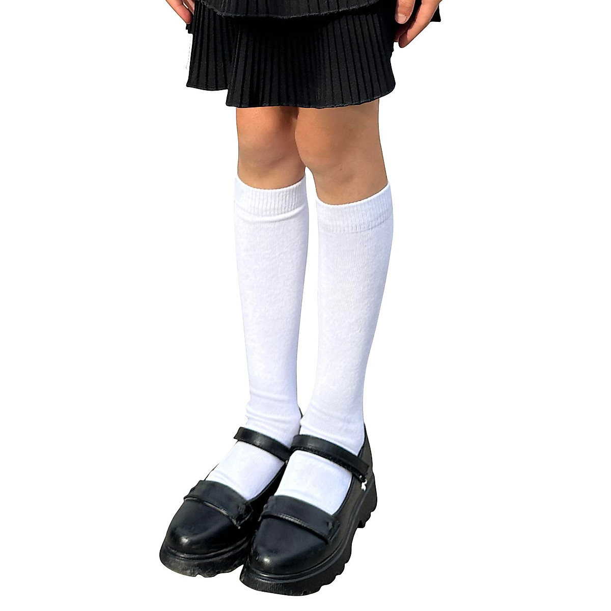 COTTON DAY 3 Pack Kids Girls Soft Knee High School Uniform Dress Socks Seamless Toe 4-6 Years White S (6)