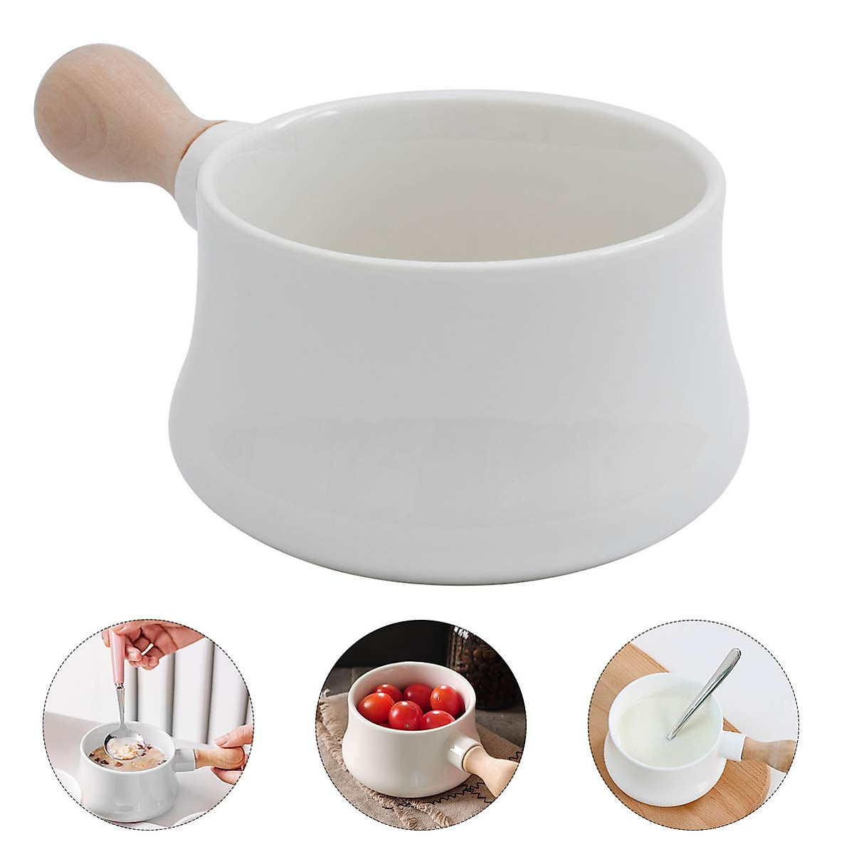 Cabilock Enamel Milk Pot Noodle Bowl Non-Stick Mini Saucepan Butter Warmer with Wooden Handle Small Cookware for Home kitchen Supplies Dessert Cereal Salad Fruit (White About 380ML)