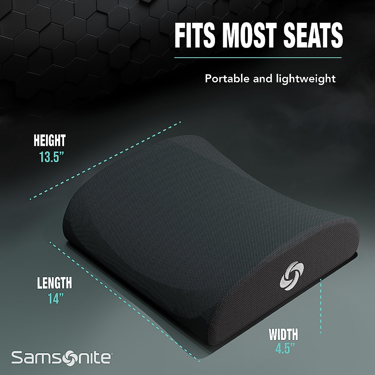 SAMSONITE - Lumbar Support Pillow For Office Chair And Car Seat, Memory Foam, Versatile Use Lower Back Cushion