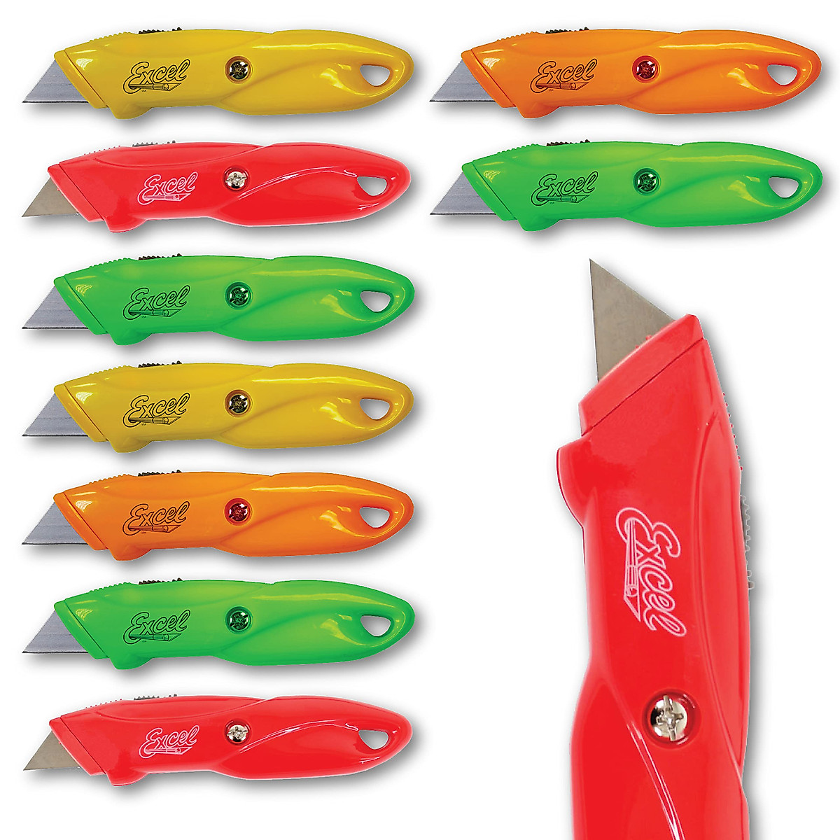 Excel Blade Box Cutters Retractable Pack - 10 Pc Box Cutters Bulk pack - Retracting Box Cutter - Assorted Box Cutters for Cutting Boxes, Cartons, Cardboard and More - Assorted Colors