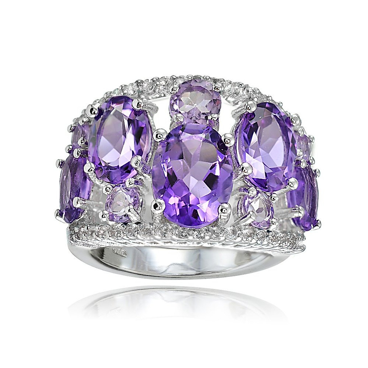 Ice Gems Sterling Silver Genuine African Amethyst, Amethyst and White Topaz Tonal Dome Ring