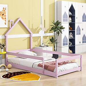 Luxo Abode Twin Size Montessori Floor Bed with Guardrails Fences, Pine Wood Bed Frame w/Chimney House-Shaped Headboard, Easy Assembly, for Toddlers, Children's Room, Playroom, Pink