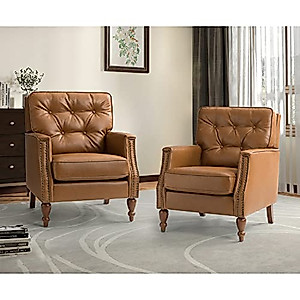 HULALA HOME Faux Leather Accent Chair Set of 2 with Nailhead Trim, Button Tufted Comfy Upholstered Armchair with Removable Cushion, Traditional Single Sofa Chair for Living Room Bedroom Office, Camel