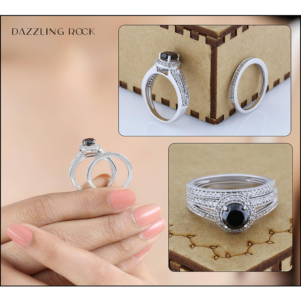 Dazzlingrock Collection 1.25 Carat (Ctw) Round Black & White Diamond Halo Split Shank Wedding Ring Set for Women in 14K White Gold, Size 8