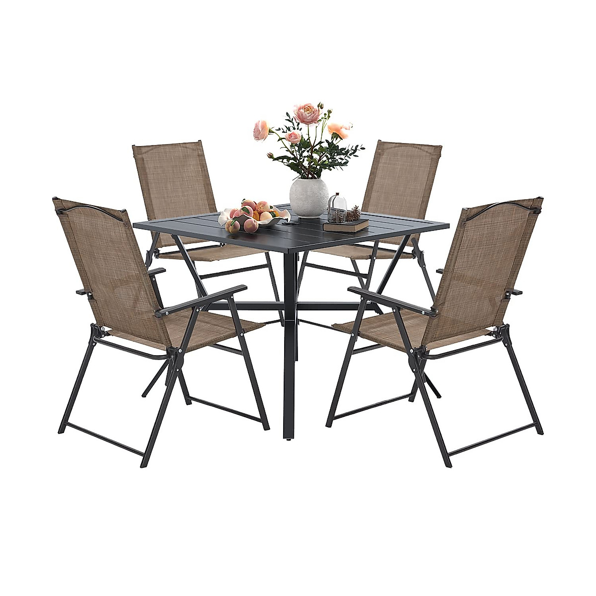VICLLAX 5 Pieces Outdoor Patio Dining Table and Chairs Set, 4 Portable Dining Chairs & Square Metal Frame Table with Umbrella Hole for Backyard Garden Deck, Brown/Black