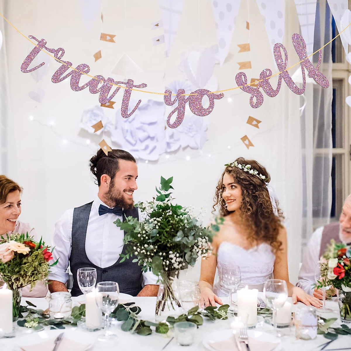 Treat Yo Self Banner, Garland Banner Sign for Wedding / Engagement / Birthday Party Decorations, Bridal Shower / Baby Shower Party Supplies - Purple