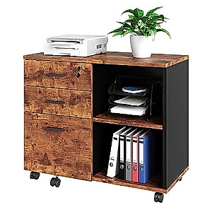 Wood File Cabinet, 3 Drawer Mobile Lateral Filing Cabinet On Wheels, Printer Stand with Open Storage Shelves for Home Office (Wood)