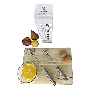 Balevi Stainless Steel Push Whisk - Easy to Use Manual Hand Mixer & Plunger Whisk - Make Froth, Foam & Whipped Cream - Semi Auto Egg Beater Plastic Tip Won’t Scratch Pans (2 Pack 10in & 12in) STEEL