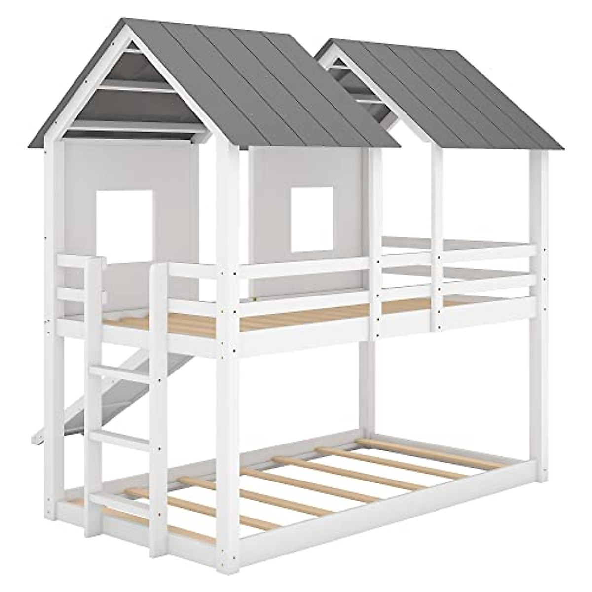 Polibi Twin-Over-Twin Wooden House Bunk Bed with Slide, Windows, Ladder and Guardrails, Twin Size White House Bunk Bed