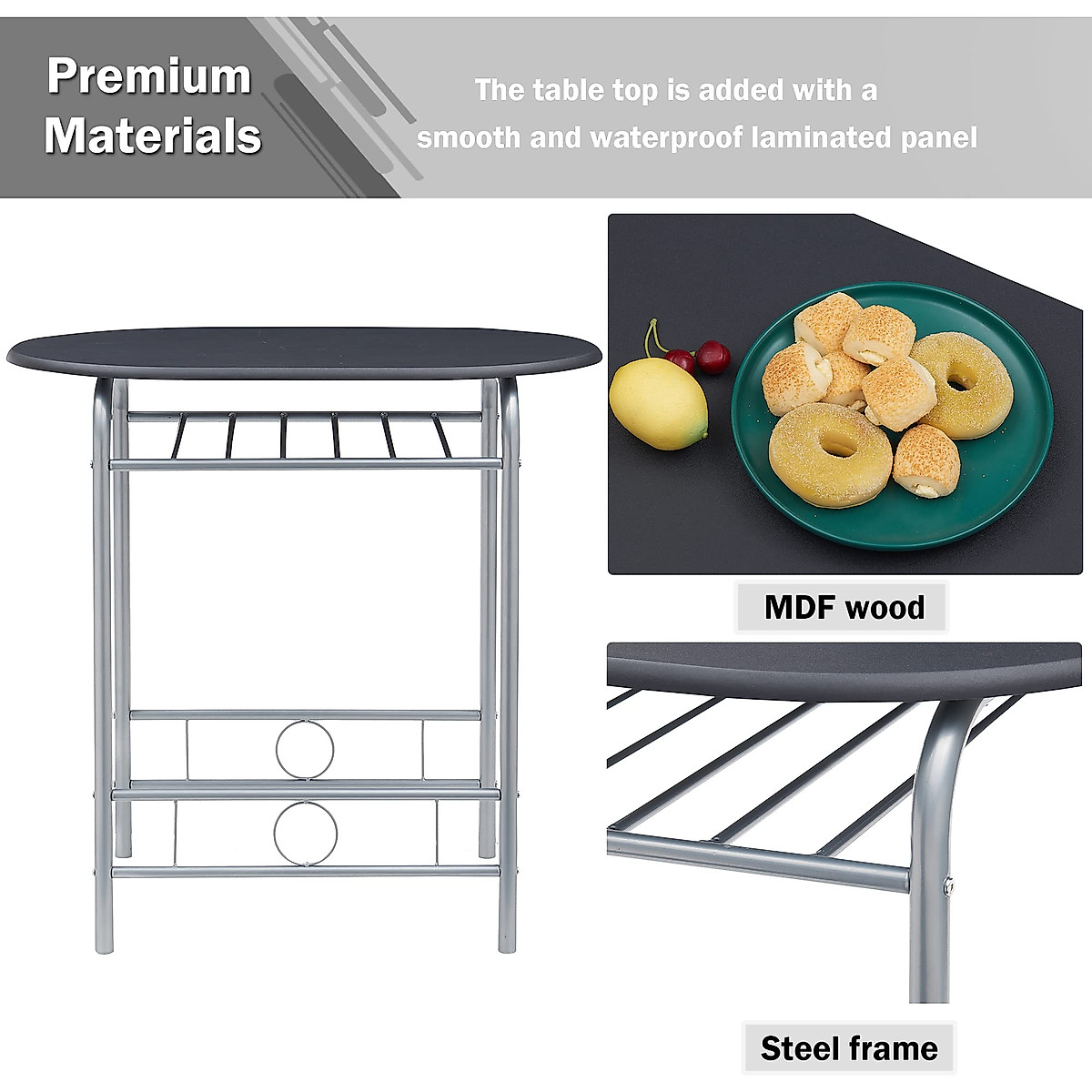 VECELO 3 Piece Small Round Dining Table Set for Kitchen Breakfast Nook, Wood Grain Tabletop with Wine Storage Rack, Save Space, 31.5", Black & Silver