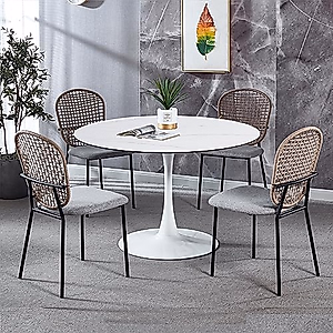 Modern Round Dining Table, 42" White Tulip Table for 4-6 Persons, Faux Marble Pattern Mid-Century Leisure Table for Kitchen Living Room