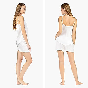 Fishers Finery Women's 100% Pure Silk Cami Boxer Pajama Set IMPROVED FIT; Camisole Sleep Top and Shorts (White, XL)