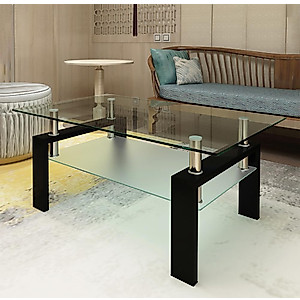Kennkari Coffee Table with Storage, Table for Living Room, Modern Glass Coffee Table, Rectangular Coffee Table for Home Living Room, Clear Coffee Table, Easy Assembly (Transparent+Black)