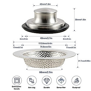 RQYEKDO Polished Kitchen Sink Strainers Sink Stopper Kits, Stainless Steel Sink Drain Strainer Set,Large Wide Rim 4.5" Diameter Food Catcher Garbage Disposal Plug for Most Sink Drains Basket Filter
