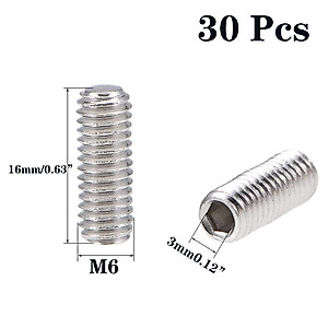 30 Pcs M6x16mm Metric 304 Stainless Steel Hex Socket Set Flat Point Grub Screws Silver Tone for Towel Rack Door Knob （M6x16mm）