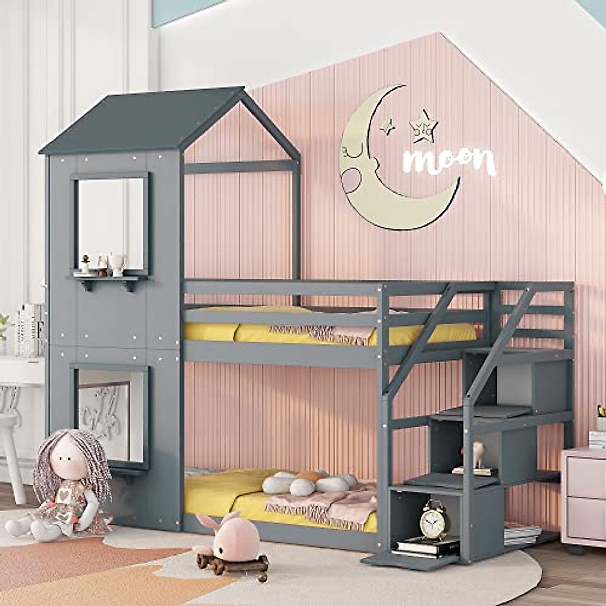 Twin House Bunk Beds Wooden Low Floor Bunk Bed with Roof & Window Twin Over Twin Bunk Beds with Stairs and Storage for Kids Teens, Grey