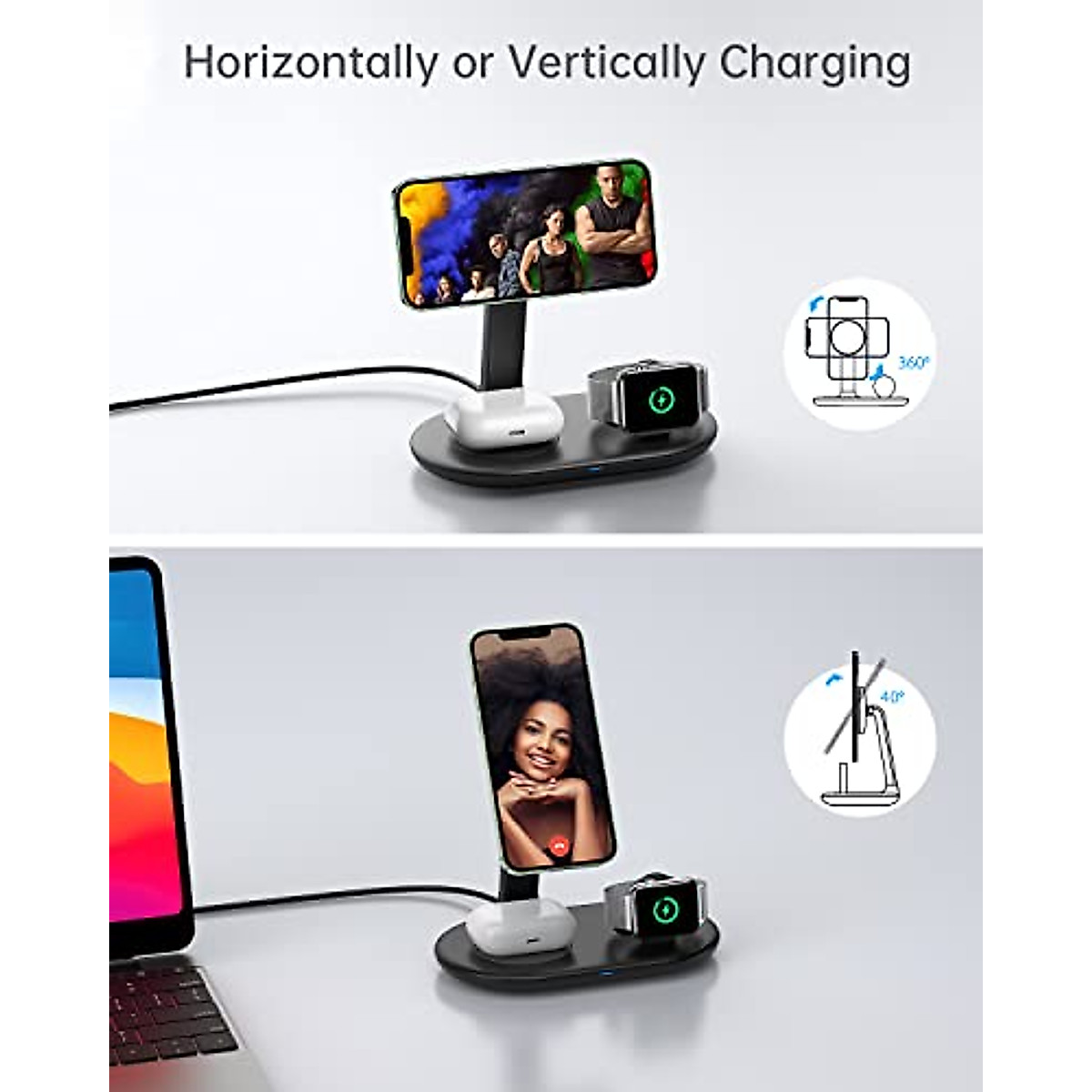 Magnetic Wireless Charging Stand with 20W PD Adapter, TERYTH 3 in 1 Wireless Charging Station Dock for iPhone 14, 13, 12, Pro, Pro Max, Mini, Apple Watch 7/SE/6/5/4/3/2, AirPods Pro/3 (Black)