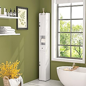 VECELO Bathroom Cabinet with Adjustable Shelf, Narrow Storage Cabinet for Small Space, Tall Cabinet with Metal Toilet Paper Rod,Drawer,2 Farmhouse Style Doors，Pearl White