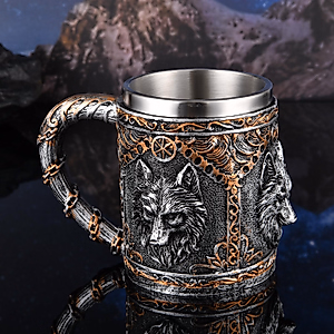 Nordic Viking Rune Mug - Beer Tankard Cup for Men - Stainless Steel Wooden Viking Coffee Cool Mug - Viking Gift and Norse Decor - Medieval Design - Ideal Beer Stein