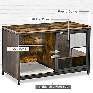 PawHut Cat Kennel, Furniture Style Dog Cage, Wood & Steel End Table Pet House with Cushion and Sliding Doors, Rustic Brown