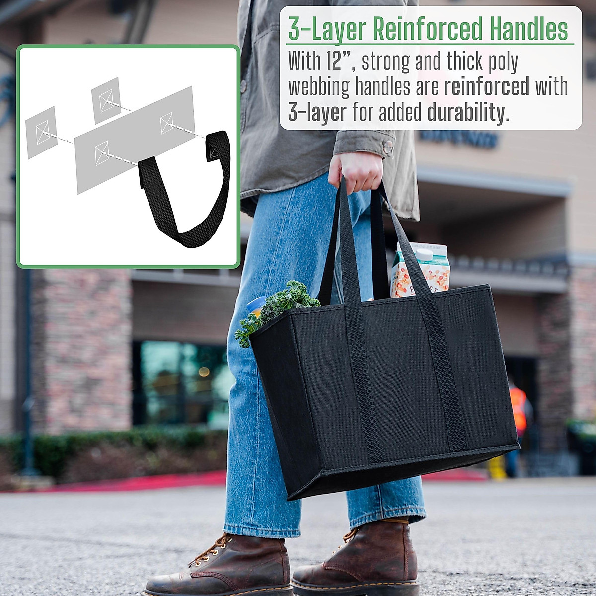 VENO 3 Packs Reusable Grocery Shopping Bags, Shopping Cart Bags, Storage Boxes, Trunk Organizer, Premium Quality, Heavy Duty Tote, Reinforced Bottom, Foldable, Collapsible, Sustainable (L, Set of 3)