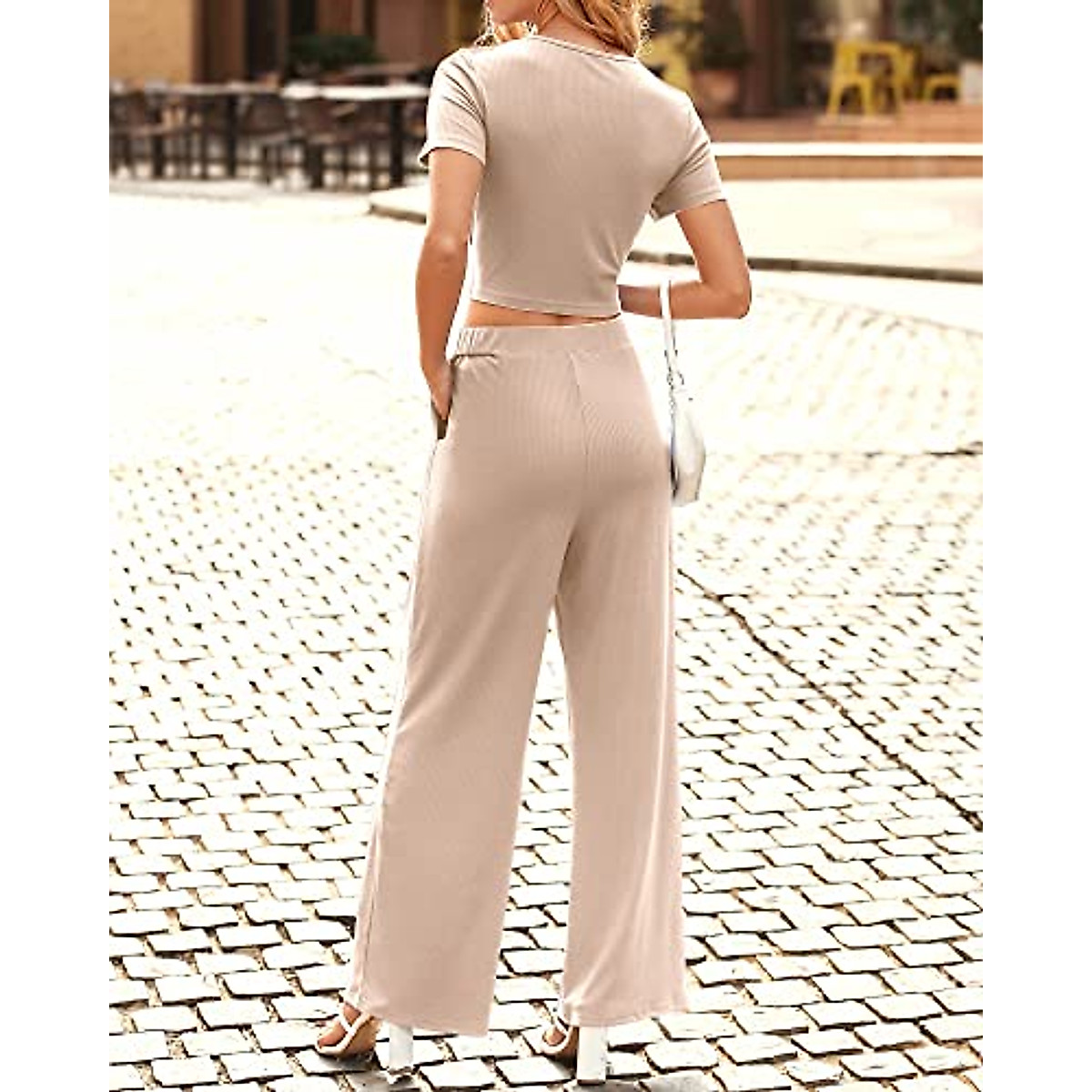 BTFBM Women Summer 2023 Two Piece Casual Outfits Lounge Set Ribbed Knit Bodycon Crop Top Long Pants Tracksuits Sweatsuit(Short Apricot, Small)