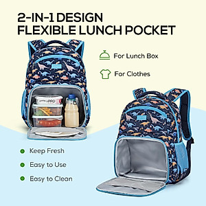 mommore 2-in-1 Kids Backpack, Insulated Lunch Compartment Dinosaur Toddler Backpack Kindergarten Preschool Bookbag for Boys, Lightweight Daycare Backpack with Chest Strap, Blue