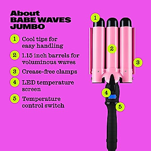 Trademark Beauty Babe Waves Jumbo -Three Barrel Hair Waver, Curling Iron, 1.25 Inch, Quick Heat, Adjustable Temperature Hair Curler - Pink