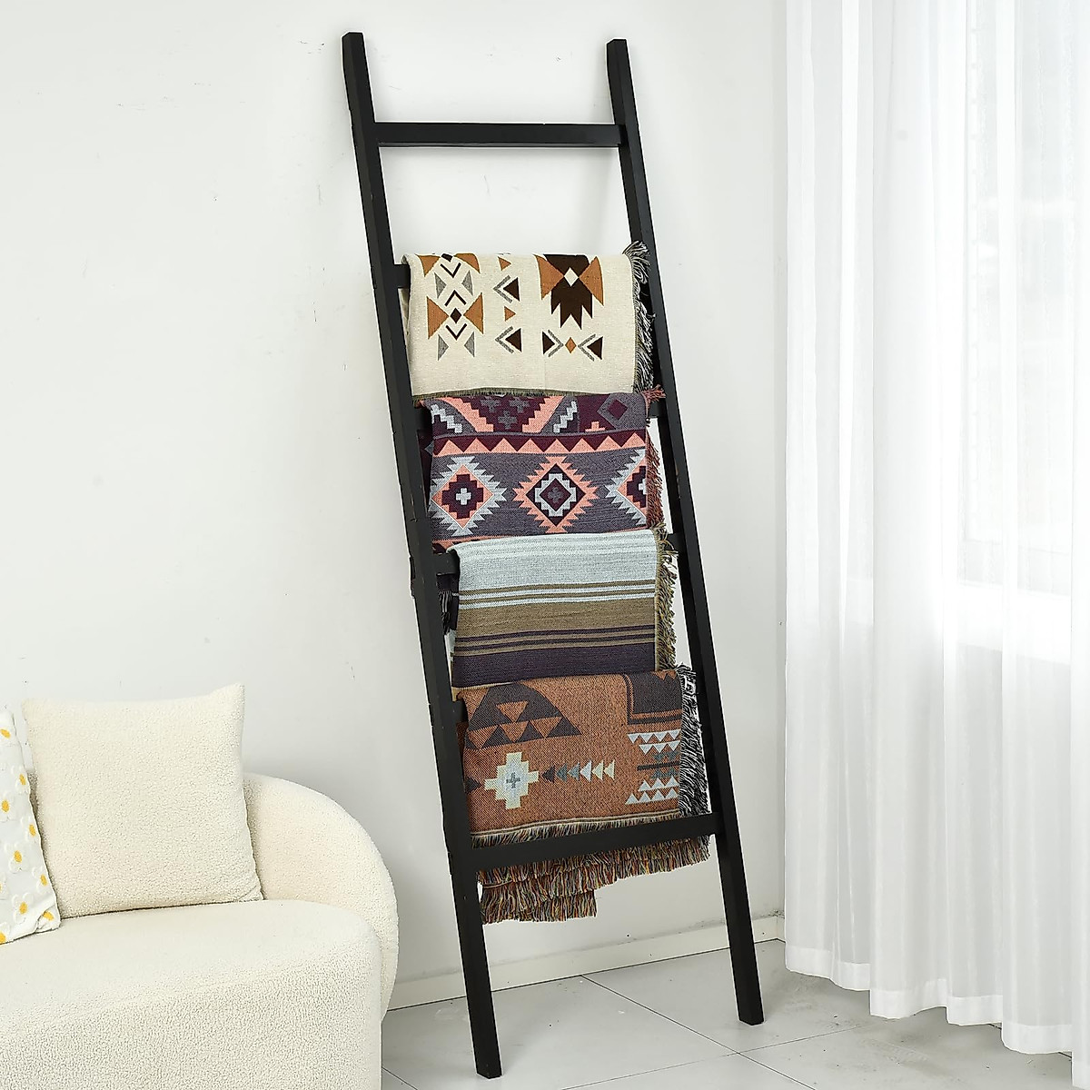 FUIN 6.4ft Extra Wide Wooden Blanket Ladder Living Room Decorative Wal Leaning Farmhouse Quilt Display Holder Rustic Wood Towel Rack for Bathroom, Black, 24 inch Wide