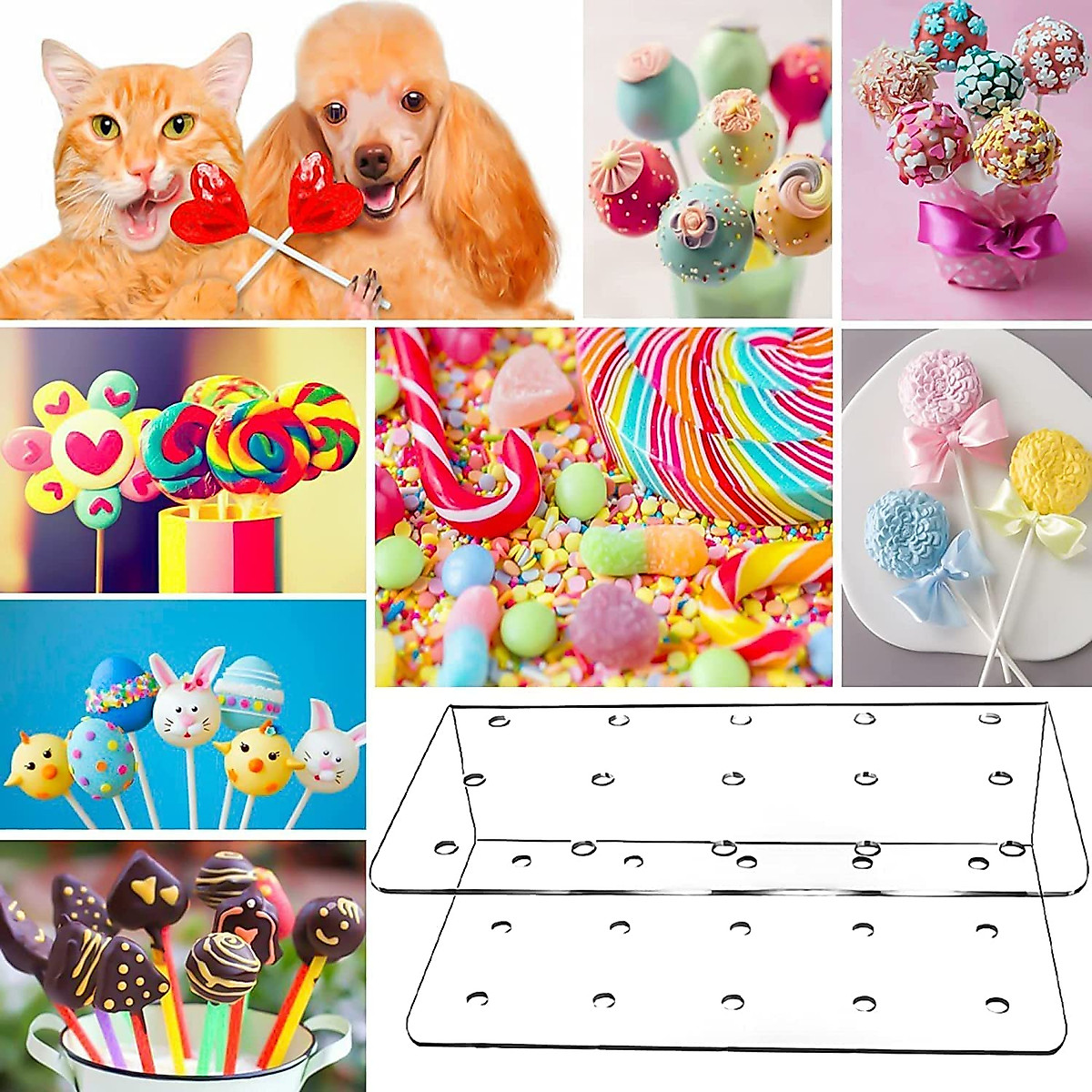 2 Packs Acrylic Lollipop Holder Acrylic Cake Pop Stand Display Cake Pop Holder 100PCS Lollipop Sticks 100PCS Clear Treats Bags and 100PCS Gold Metallic Twist Ties for Candy Cake Pop Making Tools