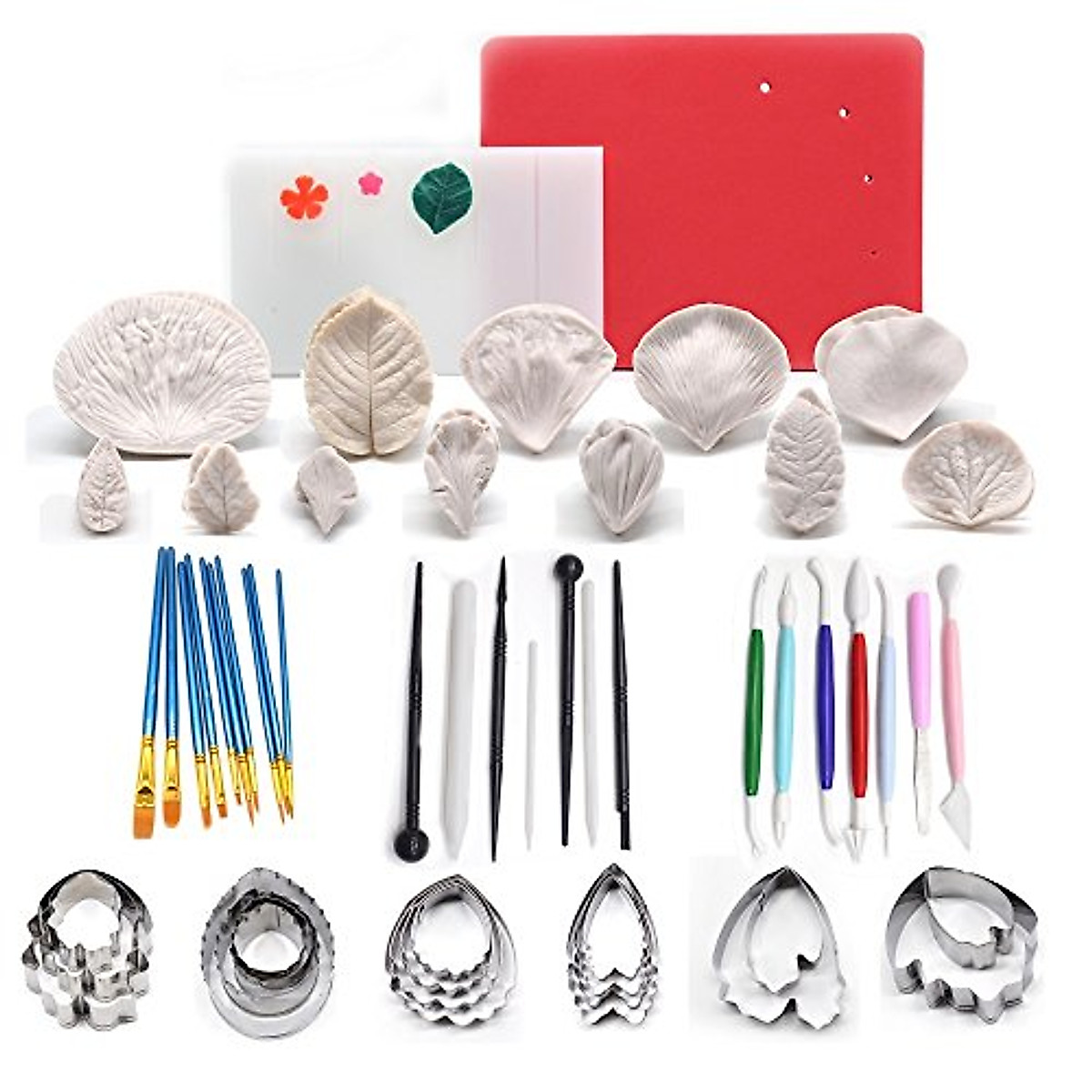 AK ART KITCHENWARE 12sets Silicone Veining Mold 5sets Petal Steel Cutters 1 Veining Board 1 Foam Pad 10 Brushes 3 Frilling Sticks 4 Cake Carved Pens 8 Modelling Tool