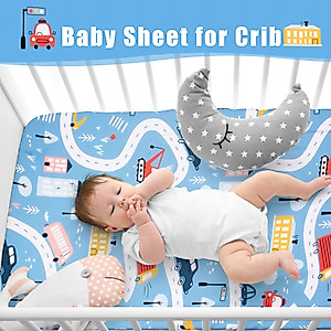 Cloele Fitted Crib Sheet - Baby Nursery Sheet 100% Polyester 1 Pack Cozy Bed Sheet for Standard Crib and Toddler Mattresses - Blue Car Nursery Bed Sheet Infant Baby Toddler Sheet for Baby