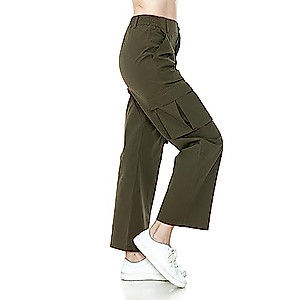 Leggings Depot High Waisted Women’s Straight Wide Leg Trousers w/Pockets, Baggy Cargo Pants, Military-Large