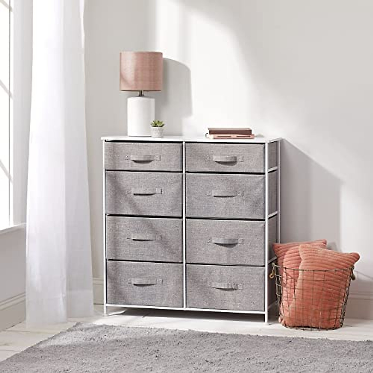 mDesign Tall Steel Frame/Wood Top Storage Dresser Furniture Unit with 8 Slim Removable Fabric Drawers, Large Bureau Organizer for Bedroom, Living Room, Closet - Lido Collection, Gray, Pack of 1