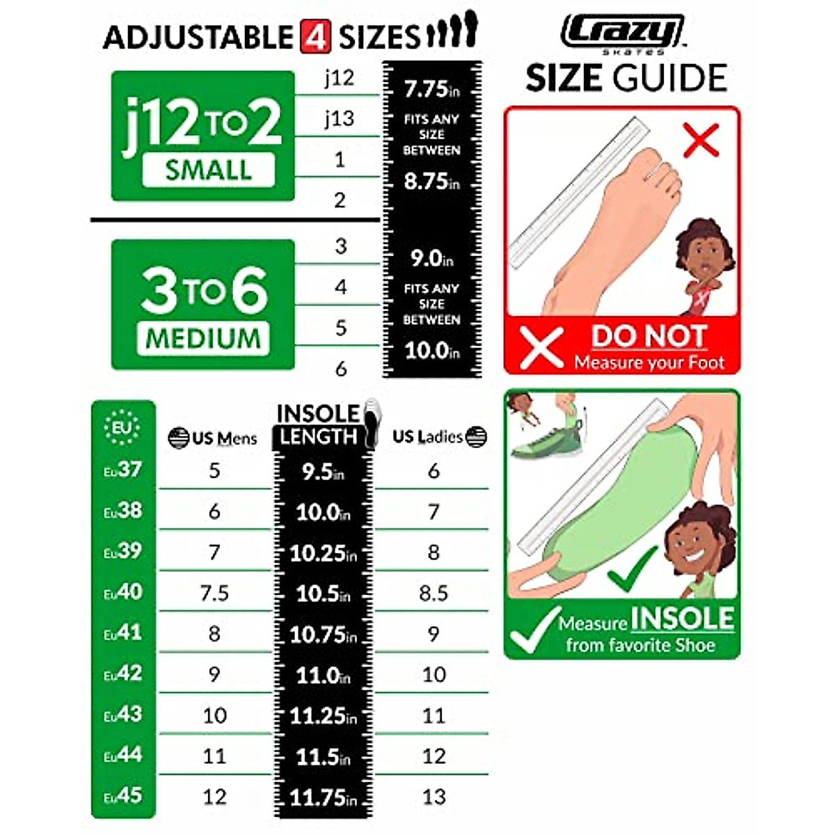 Crazy Skates Retro Roller Skates | Adjustable or Fixed Sizes | Classic Quad Skates for Women and Girls - Black (Size: Mens 12 / Womens 13)