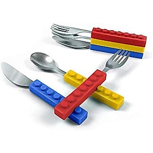Toddler Utensils and Brick Toys - Set of 3 Interlocking Block Kids Silverware - Toddler Fork and Spoon Set with Toddler Knife for Kids - Non-BPA Kids Cutlery and Kid Safe Stainless Steel Silverware